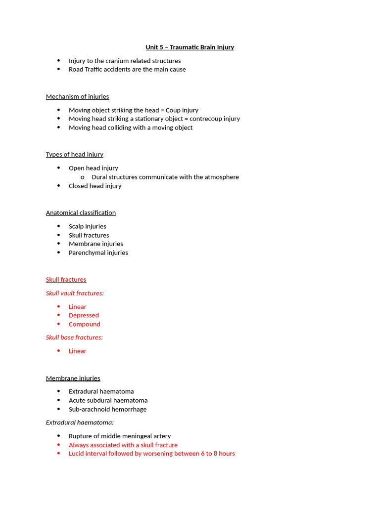 Unit 5 - Traumatic Brain Injury | PDF | Coma | Traumatic Brain Injury
