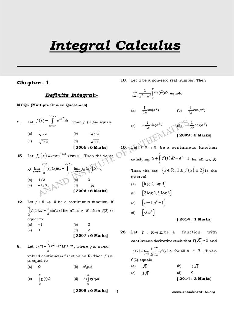 JAM PYQ INTEGRAL CALCULUS | PDF | Mathematical Relations | Functions And Mappings