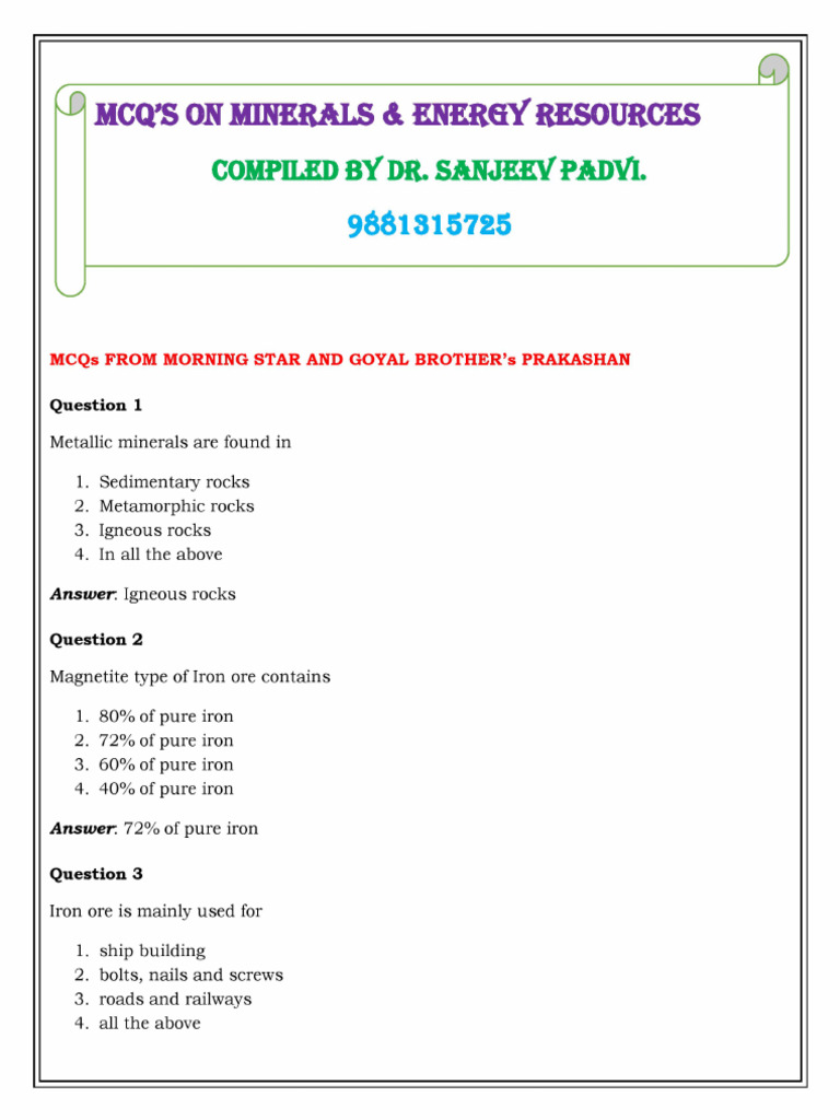Minerals and Energy Resources Mcqs | PDF