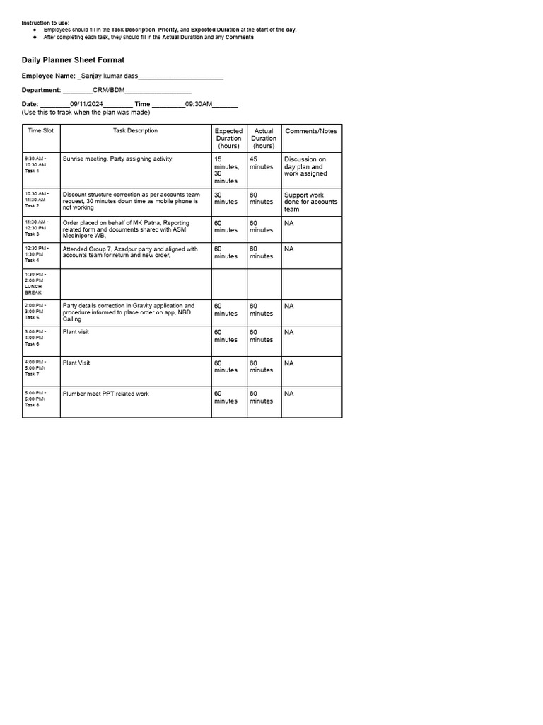 Sanjay - Daily Planner Sheet Format | PDF