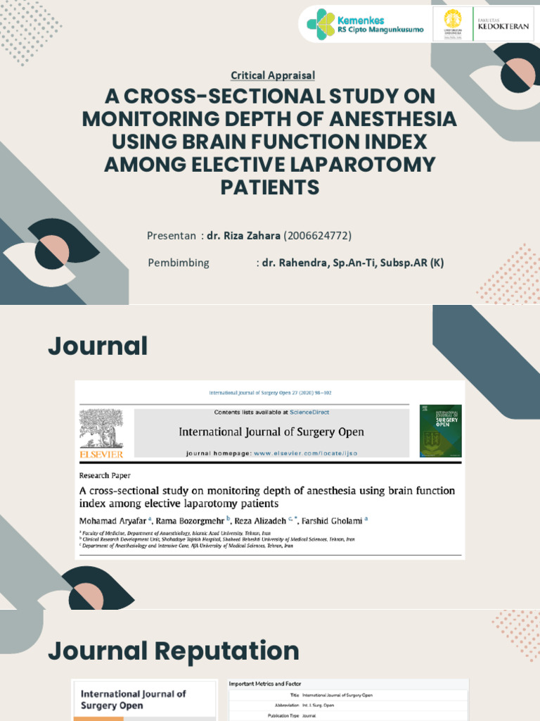 CA - A Cross-Sectional Study On Monitoring Depth of Anesthesia Using Brain Function Index Among ...