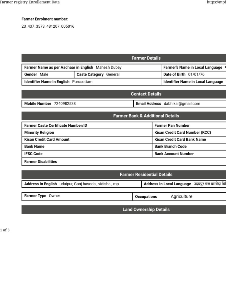 Farmer ID Card Enrollment Details | PDF | Government Of India