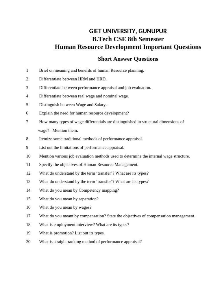 HRD Important Questions | PDF | Performance Appraisal | Human Resource ...