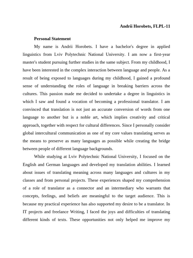 Personal Statement - Horobets Andrii FLPL-11 | PDF | Translations | Cognition