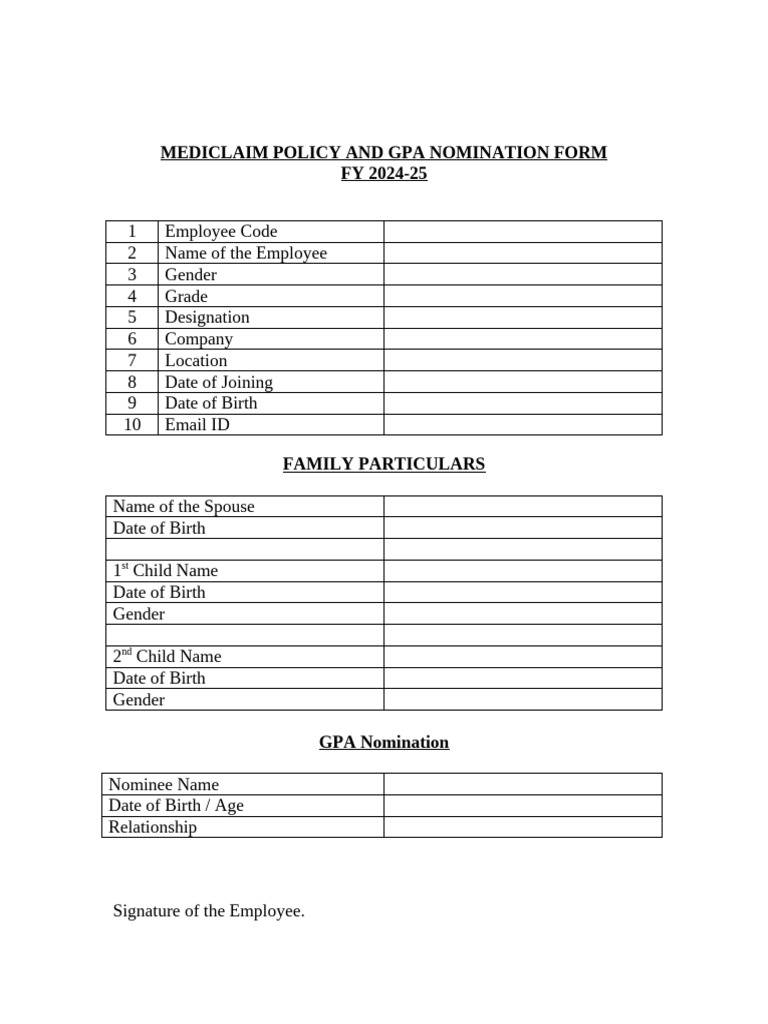 Mediclaim & GPA Nomination Form | PDF