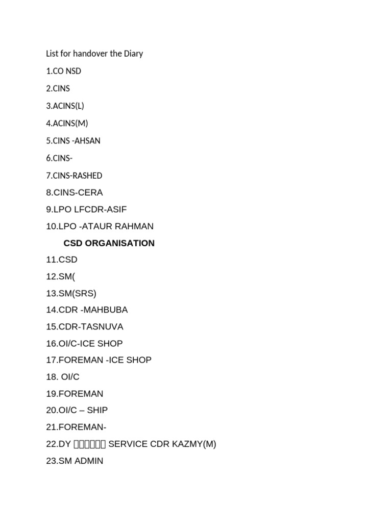 List For Handover The Diary | PDF