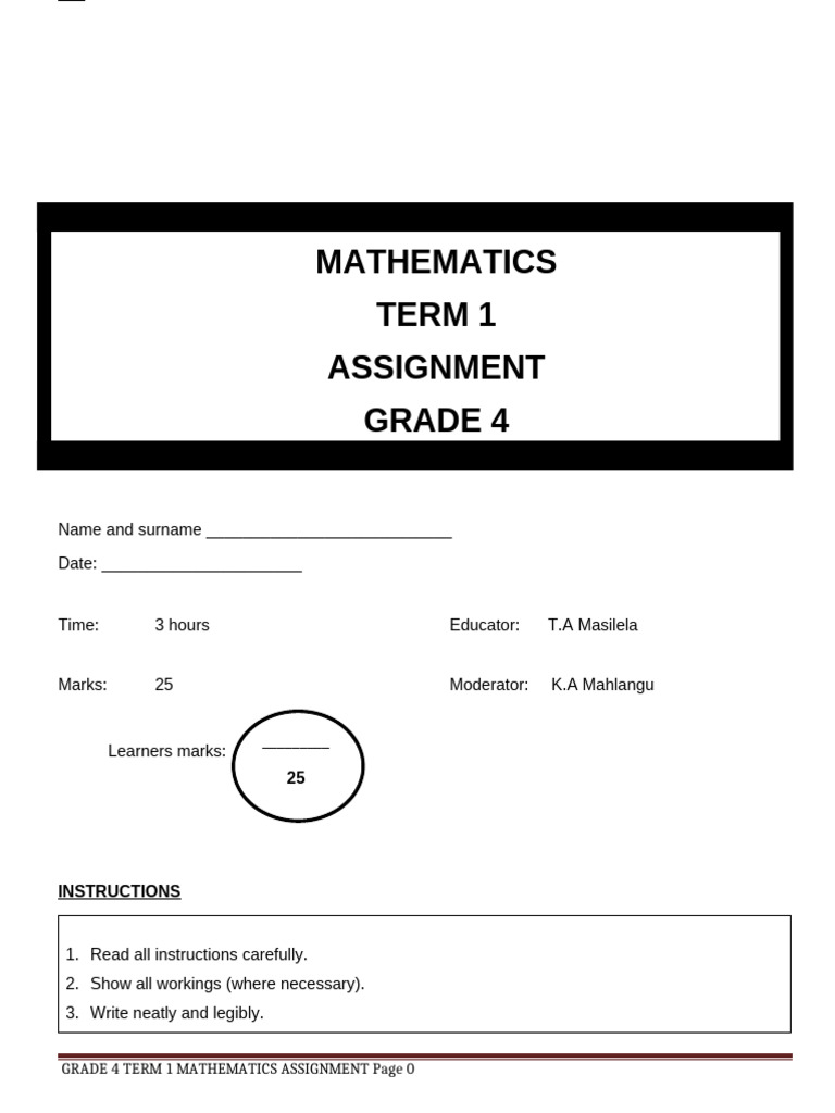 2025 Grade 4 Assignment Term 1 | PDF | Mathematics | Arithmetic