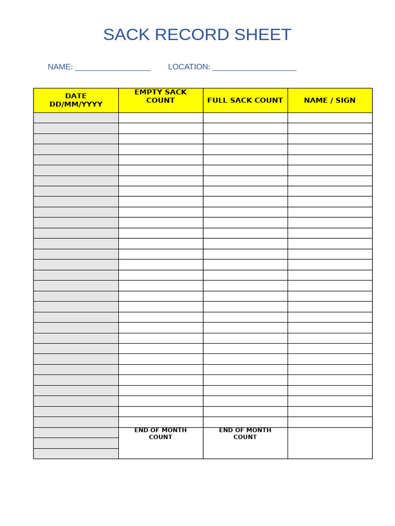 Sack Count Sheet | PDF