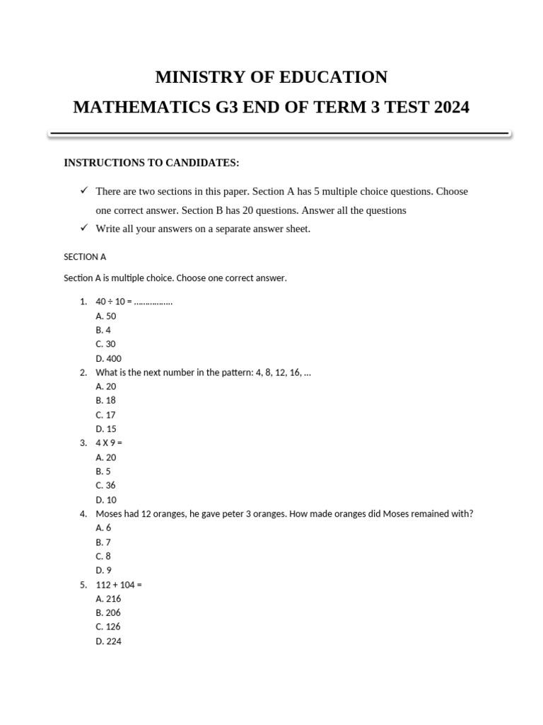 2025 g3 Maths Test Term 3 | PDF | Multiple Choice | Mathematics
