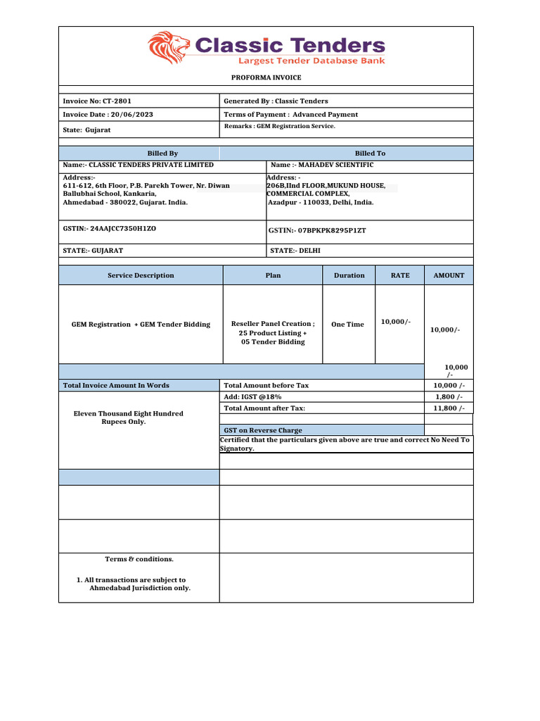 Classic Tenders Invoice for GEM Services | PDF