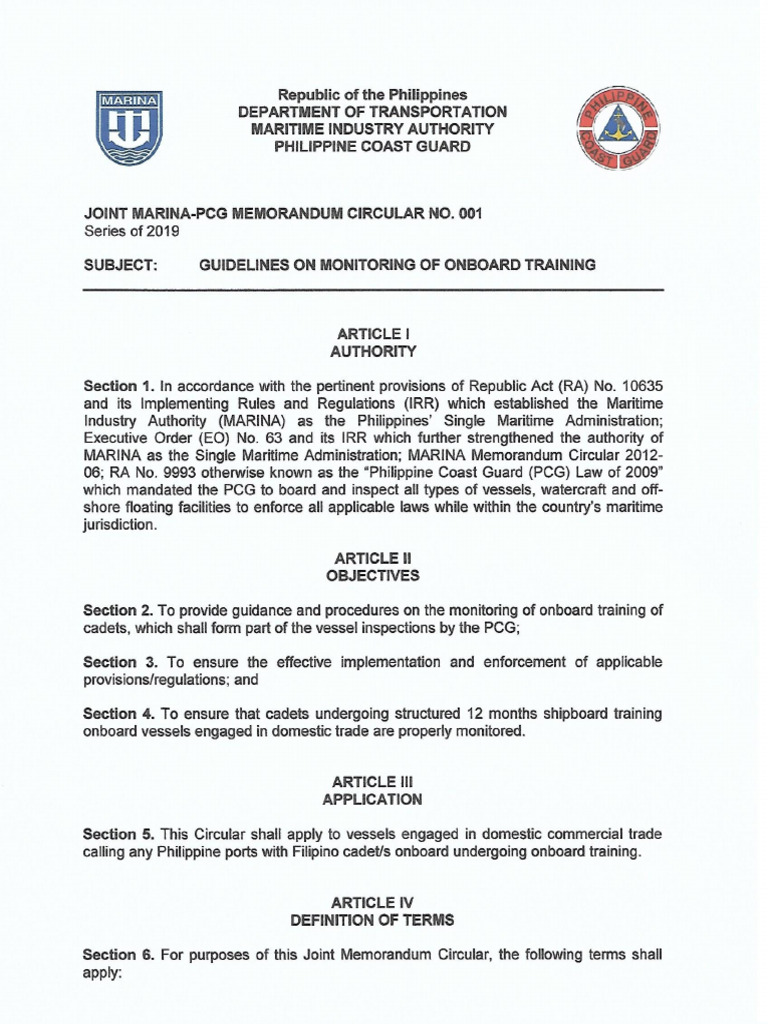 Joint MARINA PCG Memorandum Circular No. 001 Series of 2019 | PDF