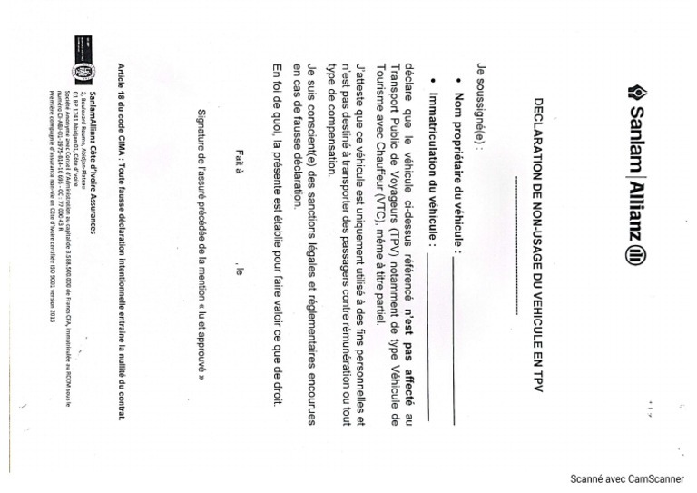 Fiche de Declaration de Non Usage de VTC | PDF Fiche de Declaration de Non Usage de VTC | PDF