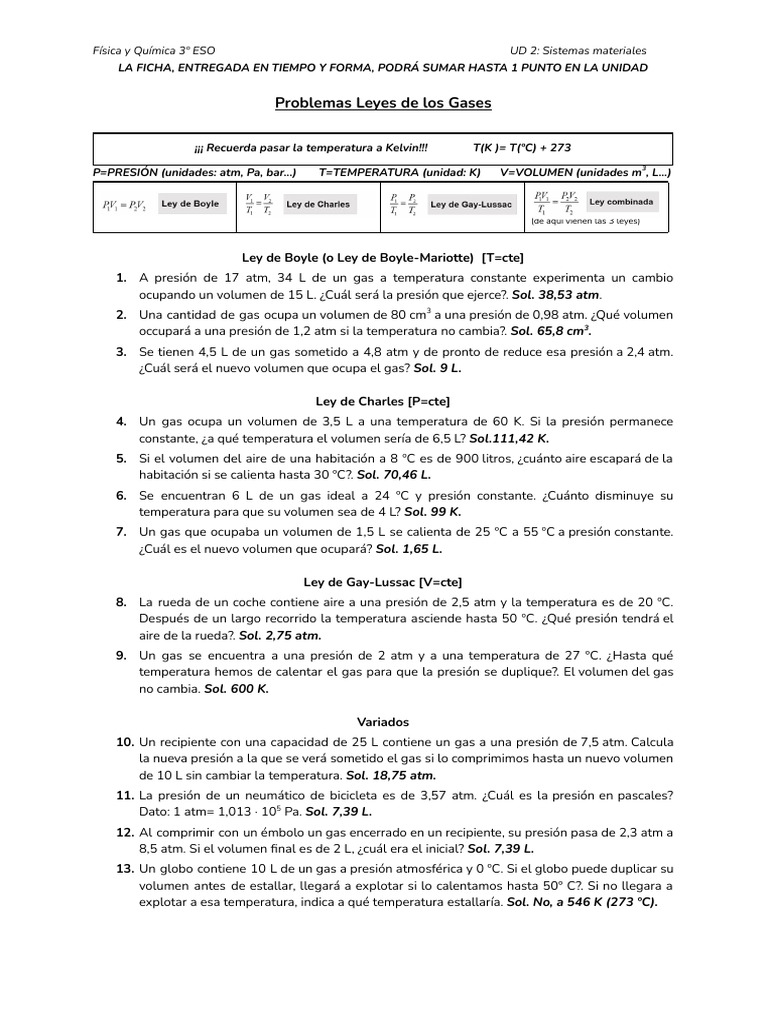 3 ESO Problemas Leyes Gases | PDF | Gases | Química Física