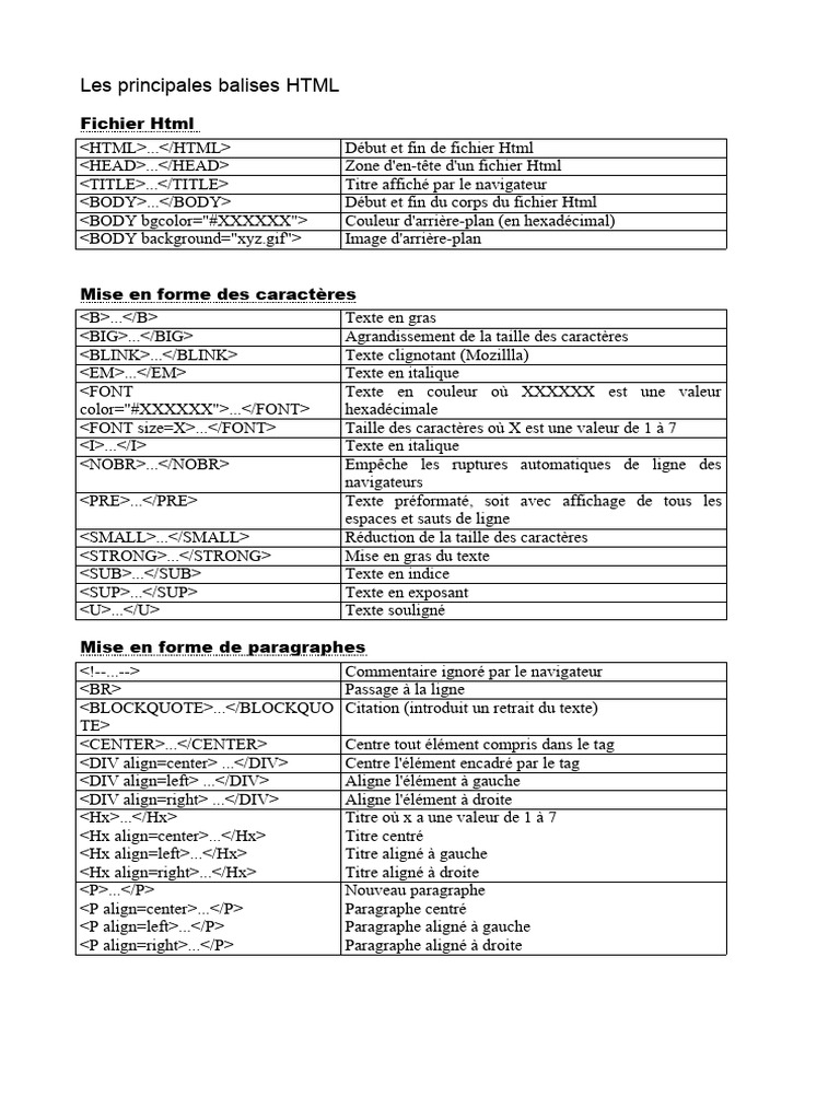 Principales balises HTML expliquées | PDF | Html | Résolution d'affichage