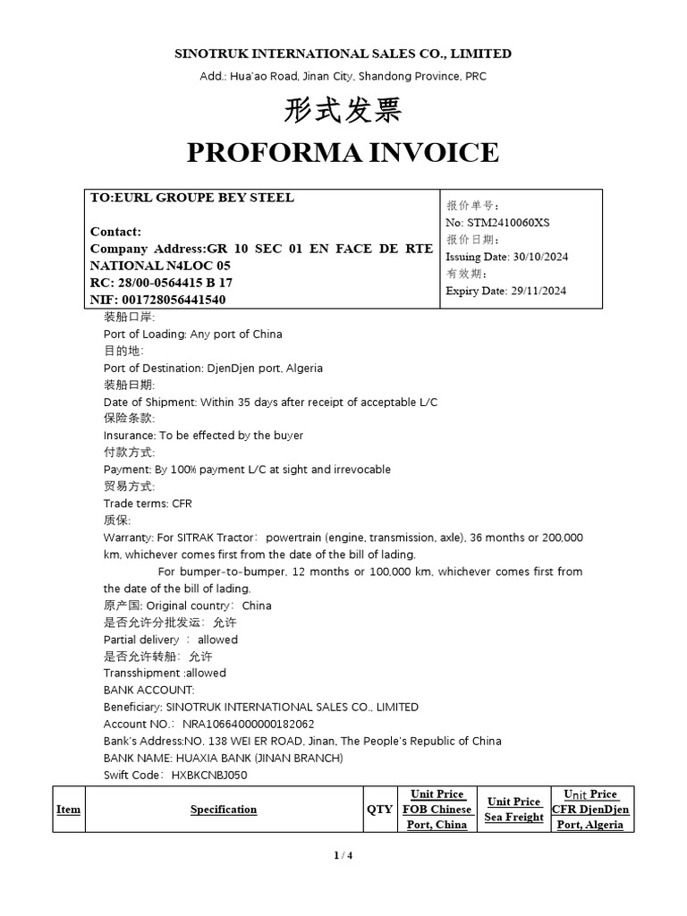 1 - Sitrak 540ps and 42 Tractor Truck Proforma Invoice | PDF | Truck ...