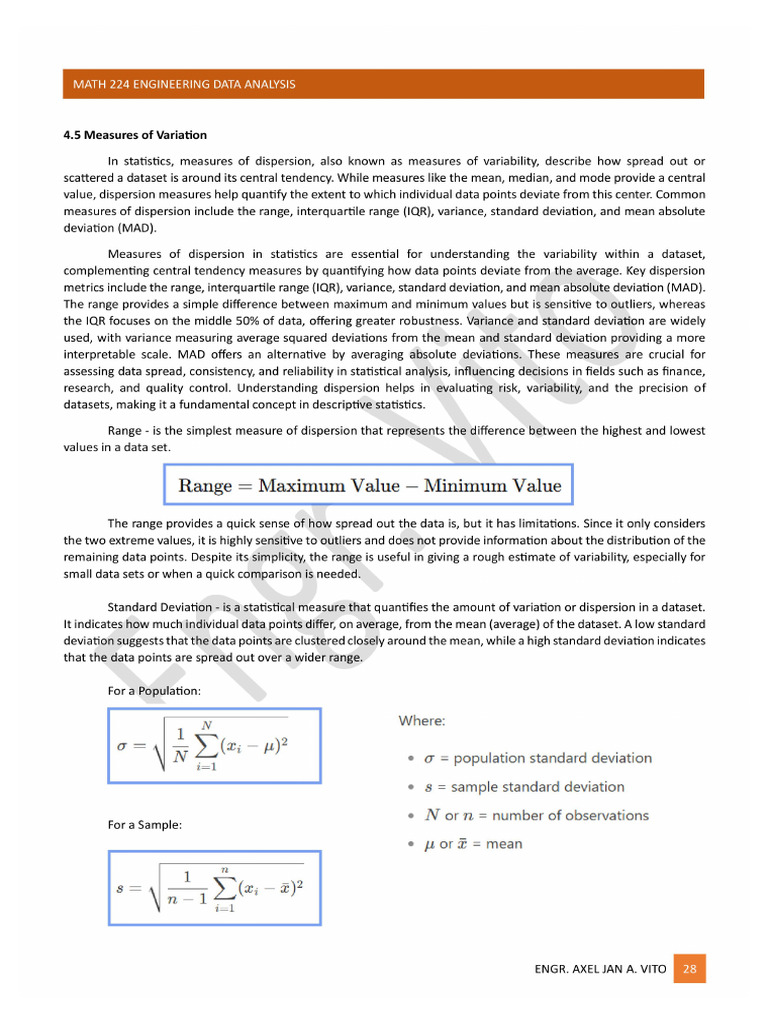 Measures Of Variation Range Standard Deviation Variance Pdf