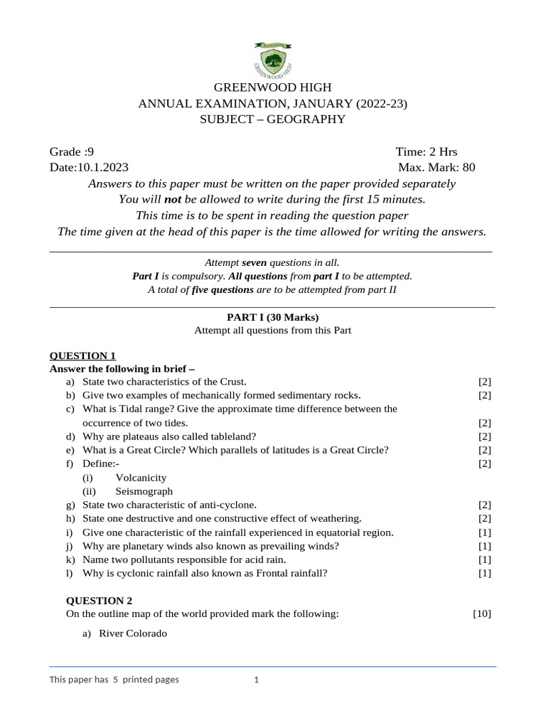 Gr9 AE 3geography QP Jan 2022-2023 | PDF | Precipitation | Equator