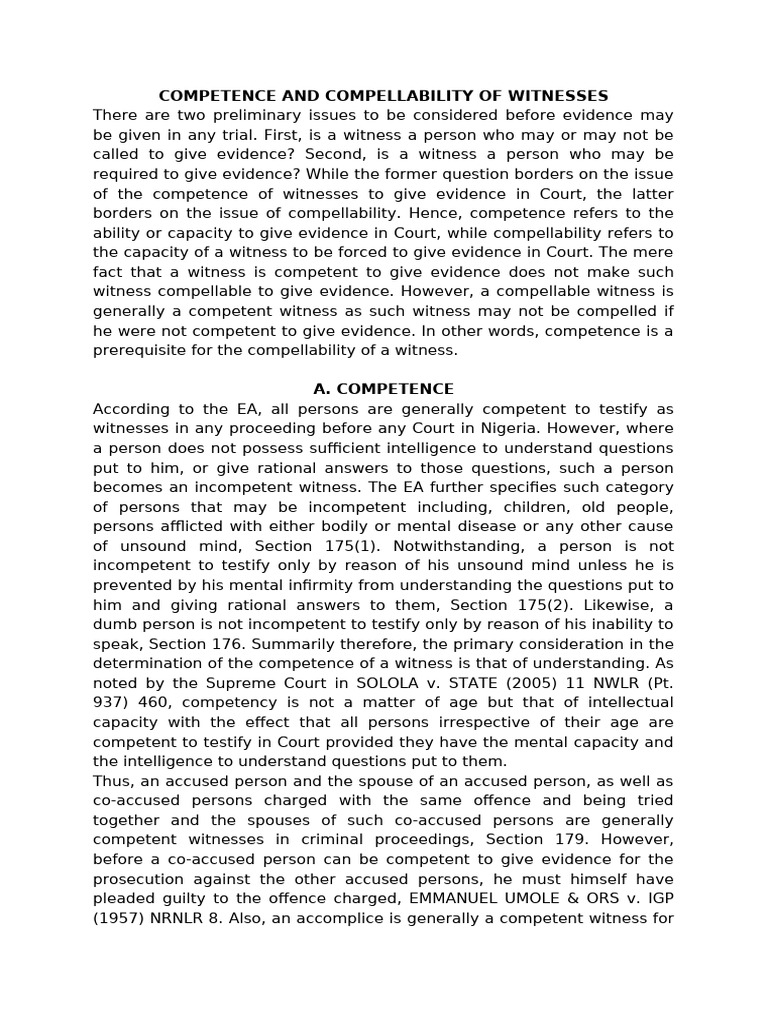 Competence and Compellability of Witnesses | PDF | Competence (Law ...