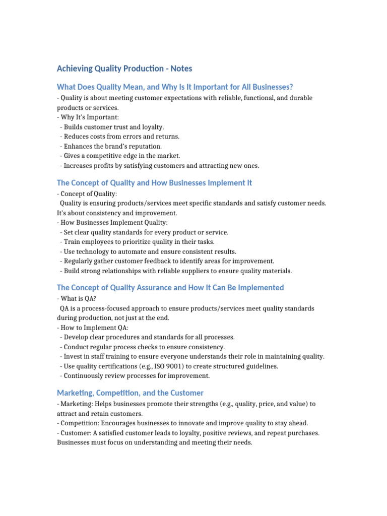 Achieving Quality Production Notes | PDF | Quality Assurance | Expense