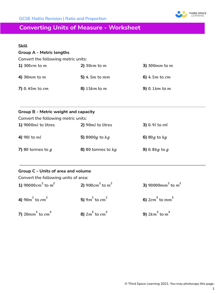 GCSE Unit Conversion Worksheet | PDF | Litre | Area