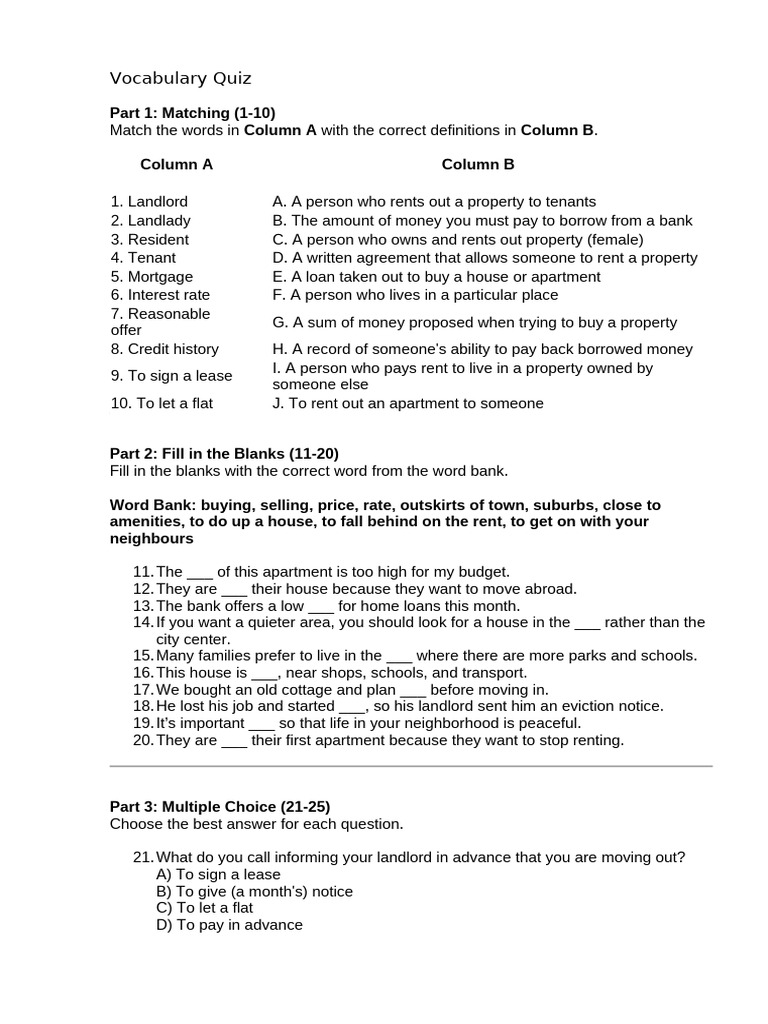 Real Estate Vocabulary Quiz | PDF | Landlord | Lease