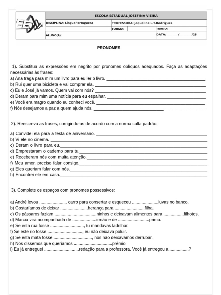 ATIVIDADES PRONOMES E VERBOS | PDF | Pronome