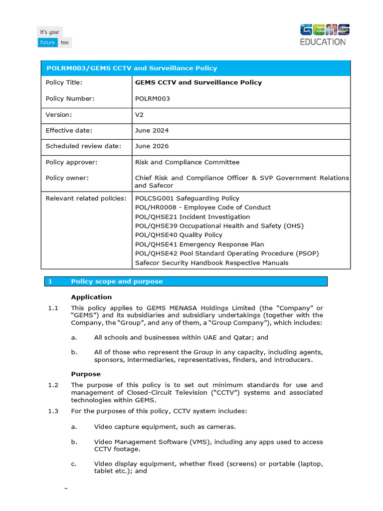 GEMS CCTV Policy for Qatar Schools | PDF | Closed Circuit Television ...