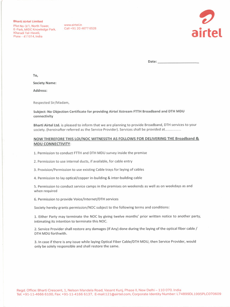 NEW AIRTEL Permission LOI Letter FTTH & MDU | PDF