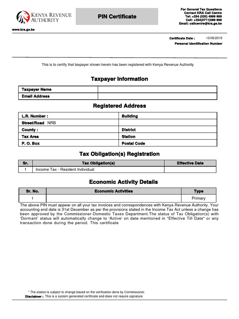 KRA PIN Certificate for Nyakach Taxpayer | PDF | Taxes | Economies
