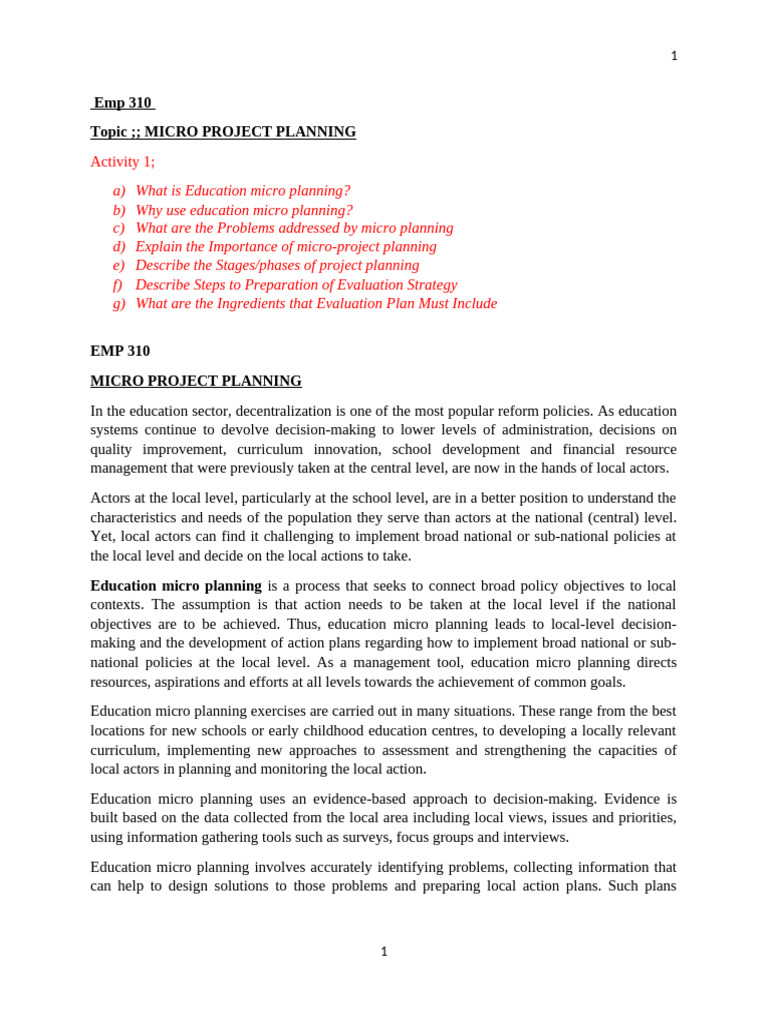 Emp 310 - Micro Project Planning in Education-1 | PDF | Evaluation | Policy