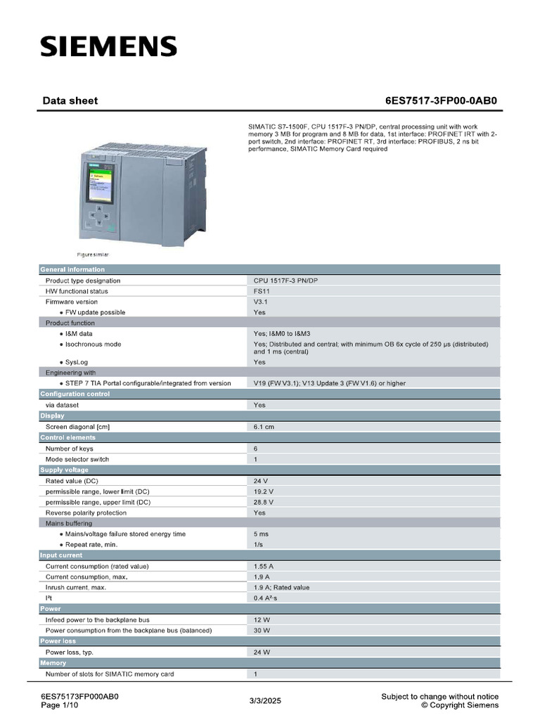 Data Sheet CPU S7 1500 - Modelo 6ES7517-3FP00-0AB0 (1) | PDF