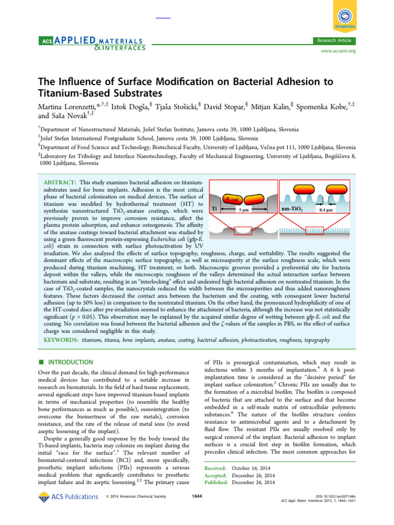 Bacterial Adhesion on Titanium Implants | PDF | Biofilm | Titanium Dioxide