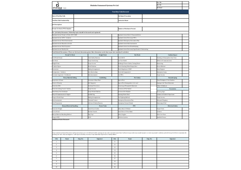 Toolbox Talk Safety Guidelines | PDF | Personal Protective Equipment ...