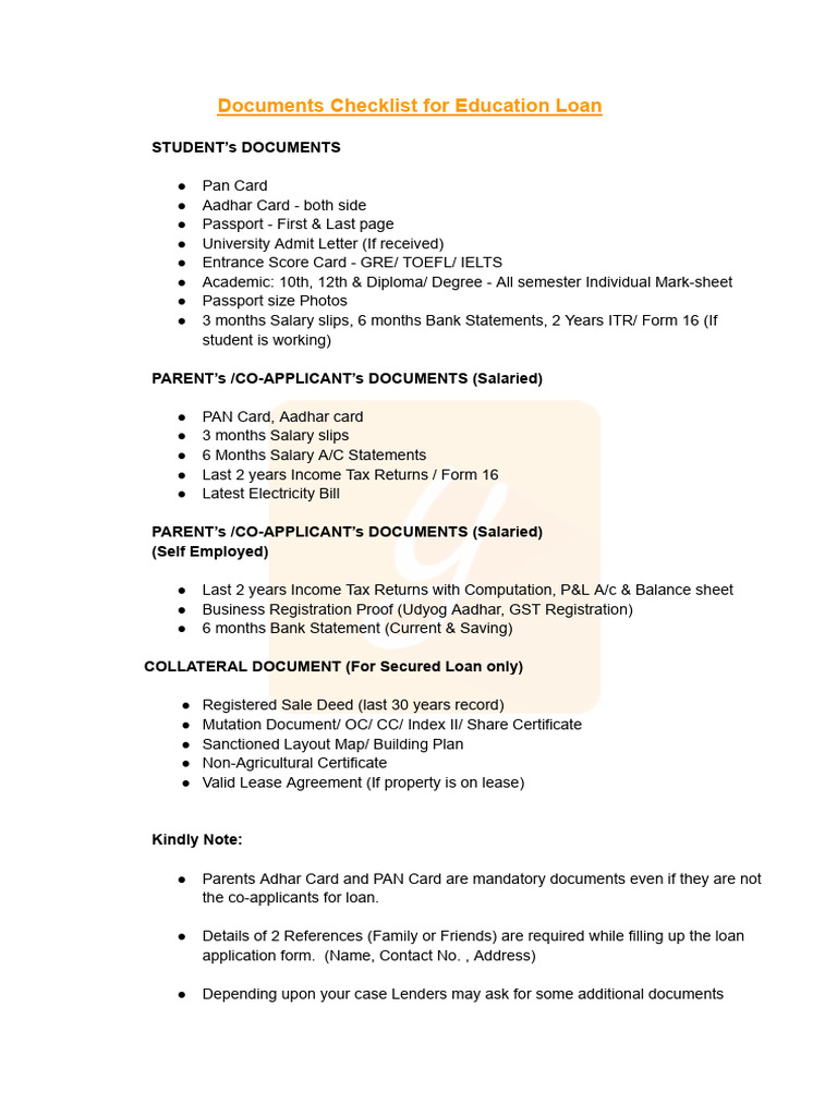 Checklist for Education Loan | PDF | Loans | Unsecured Debt