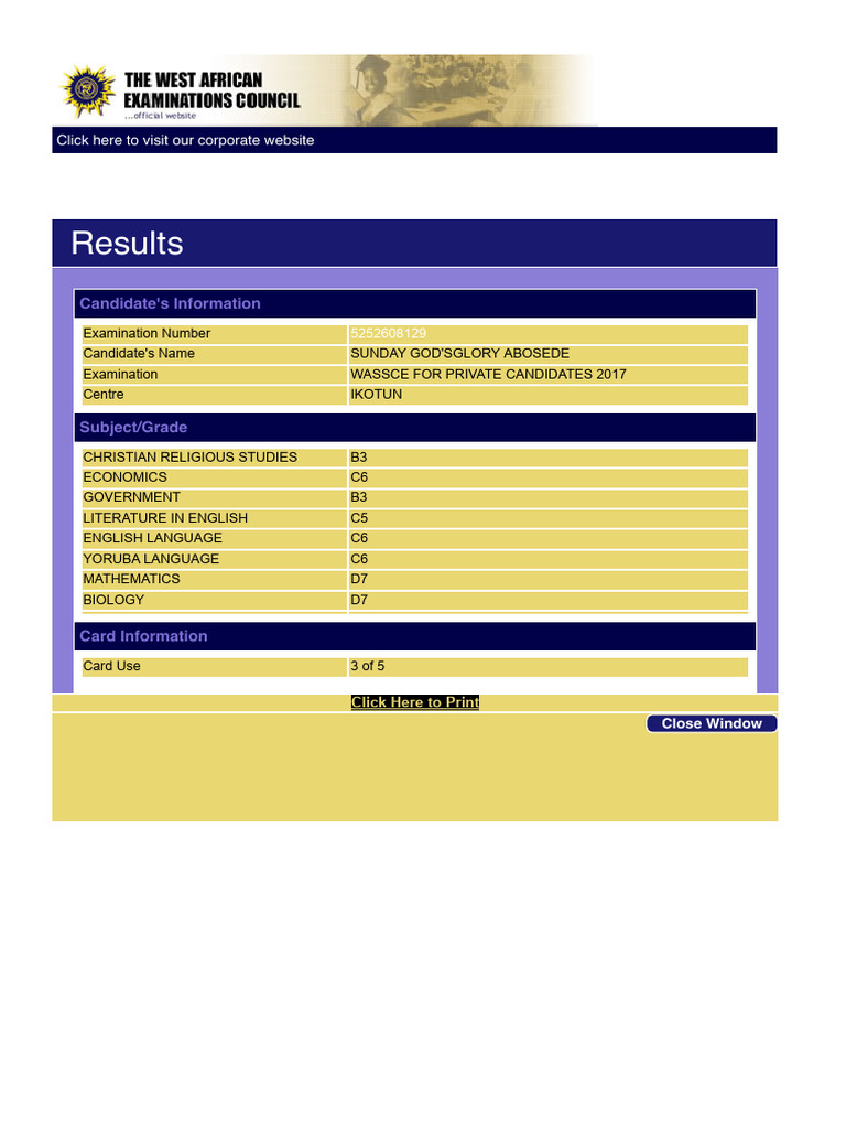 Waecdirect Online - Results | PDF