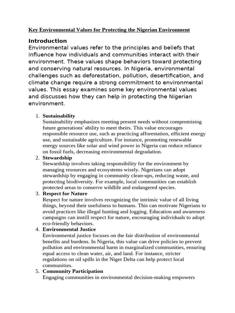 Key Environmental Values For Protecting The Nigerian Environment | PDF ...