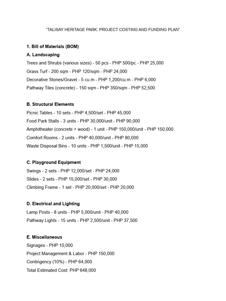 Talisay Heritage Park Funding Plan | PDF