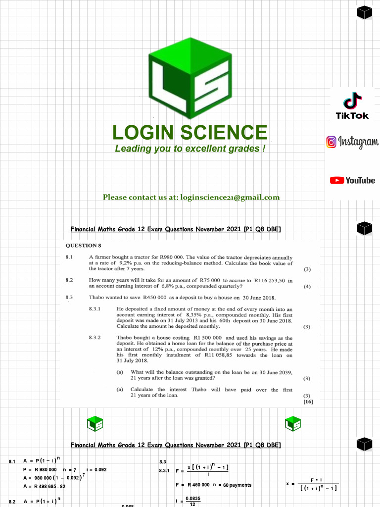 0003 Financial Maths Grade 12 Exam Questions November 2021 (P1 Q8 DBE) | PDF