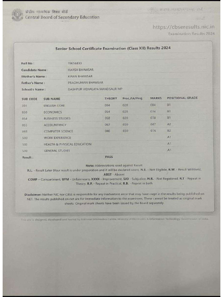 Xii Marksheet Sized | PDF