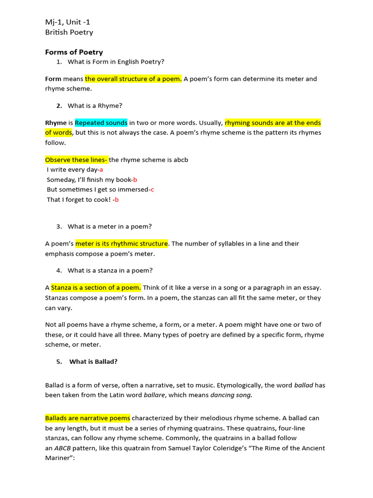 Understanding British Poetry Forms | PDF | Poetry | Metre (Poetry)