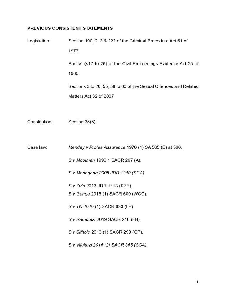 PREVIOUS CONSISTANT STATEMENTS (Lecture Notes) | PDF | Evidence (Law ...