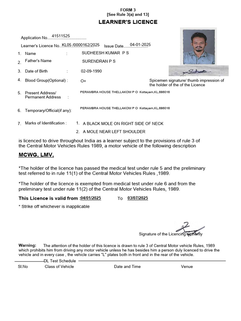 Learner'S Licence: Form 3 (See Rule 3 (A) and 13) | PDF | Vehicles | Driving