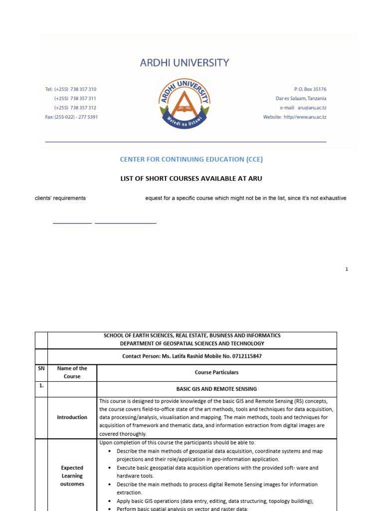 Ardhi University Cce Short Courses 2023 | PDF | Geographic Information ...