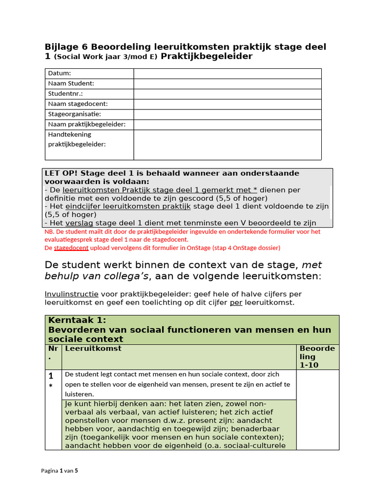 Praktijkbegeleider - Beoordeling Leeruitkomsten Praktijk Stage Deel 1 | PDF