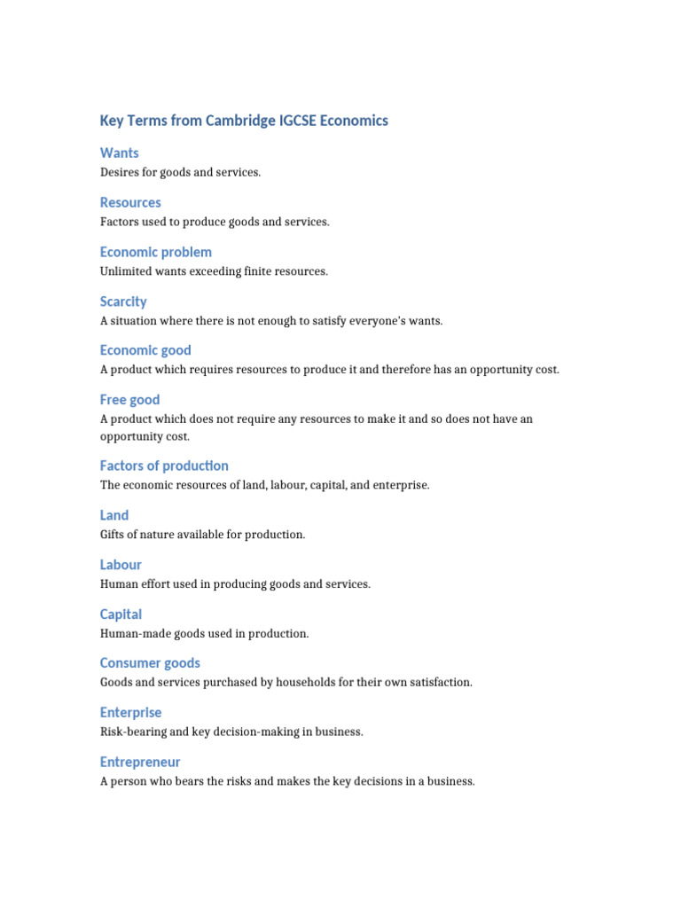 Key Terms IGCSE Economics Updated | PDF | Prices | Market (Economics)