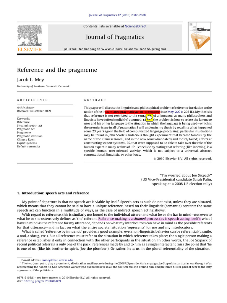Reference - and - The - Pragmeme Jacob Mey | PDF | Semantics | Medical ...