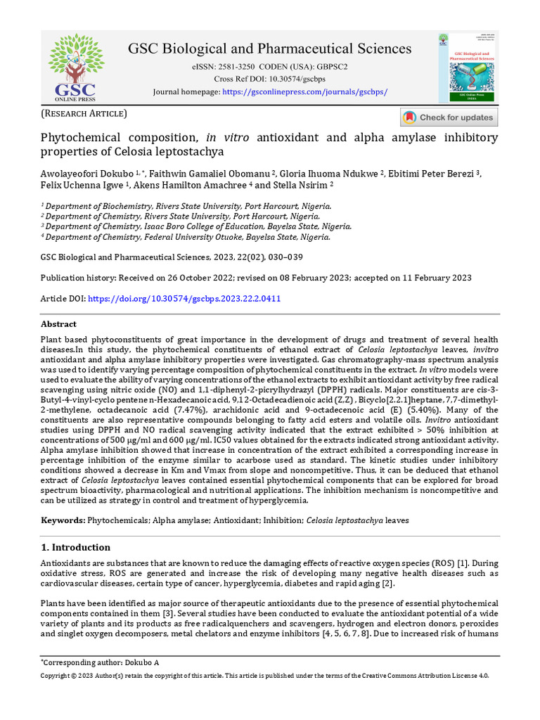 Phytochemical Composition in Vitro Antioxidant and | PDF | Antioxidant | Gas Chromatography