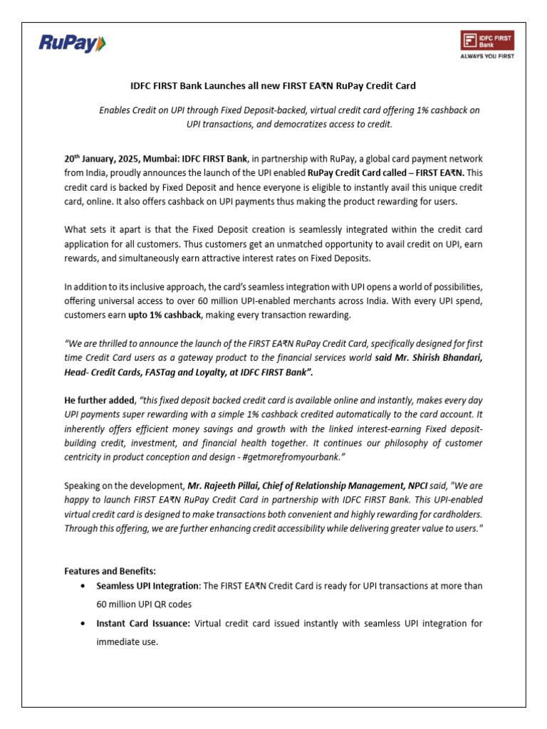 IDFC FIRST EA₹N RuPay Credit Card Launch | PDF | Credit Card | Banks