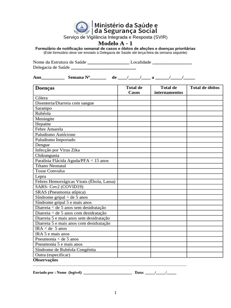 Formularios de Notificação Semanal - Modelo A1 | PDF
