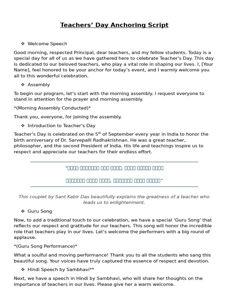 Teacher's Day Anchoring Script | PDF